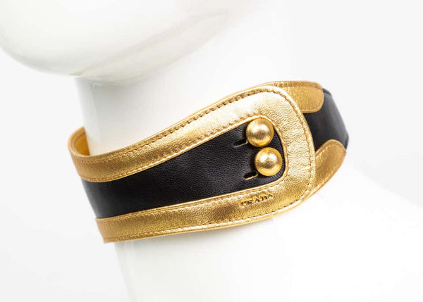 Prada Fairy Collection Black Gold Leather Choker Necklace – Basha Gold