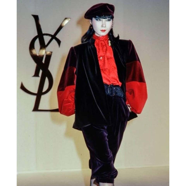 Yves Saint Laurent YSL Velvet Color-Blocked Sleeves Swing Smock Jacket ...